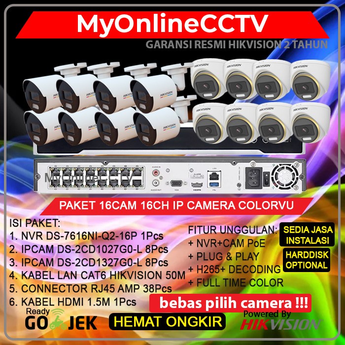 Jual Paket Pasang 16 Camera IP CCTV Hikvision ColorVu Kamera 2MP NVR 16CH | Shopee Indonesia