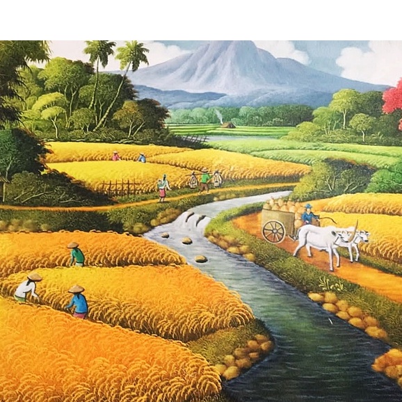 Jual Lukisan Terbaru! Lukisan Panen Padi Dengan Gerobak Sapi dan ...