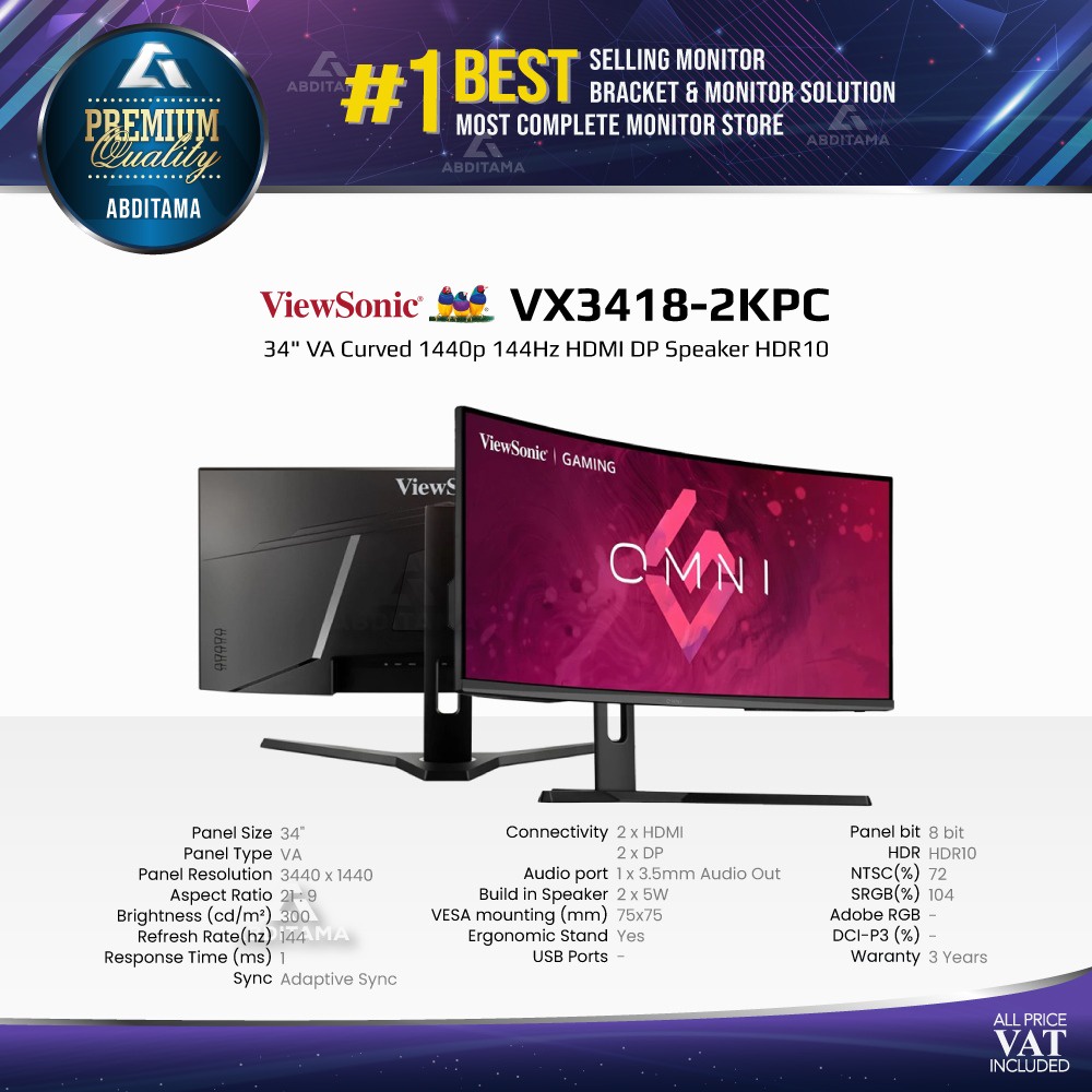 Jual Monitor LED Viewsonic VX3418-2KPC 34" VA Curved 1440p 144Hz HDMI ...