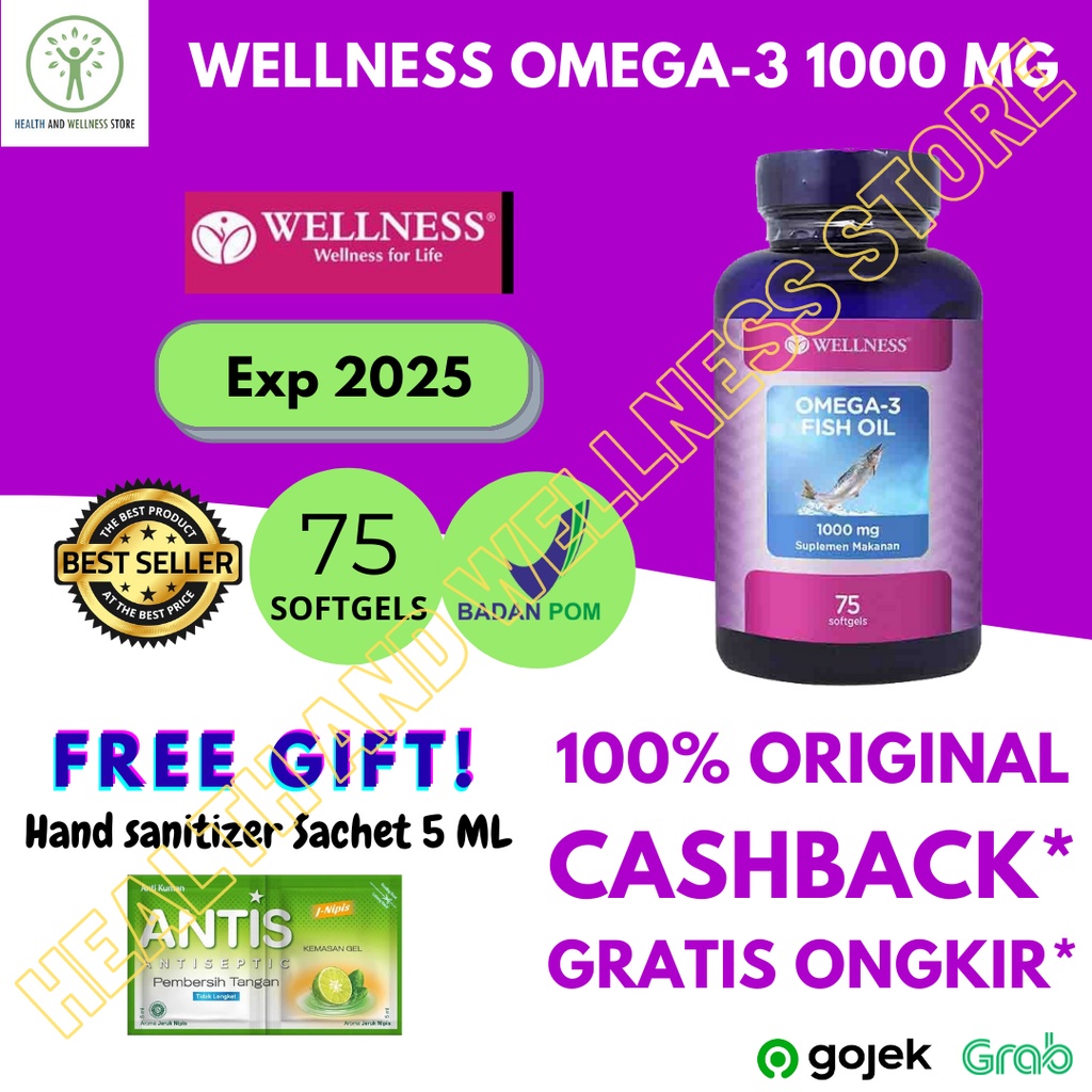 Jual WELLNESS OMEGA 3 OMEGA-3 FISH OIL 1000 MG 75 SOFTGELS KAPSUL LUNAK ...