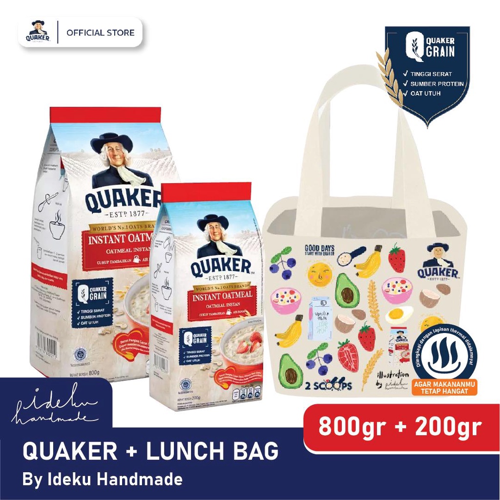 Jual Quaker Instant Oatmeal 800gr + Instant Oatmeal 200gr + Lunch Bag ...