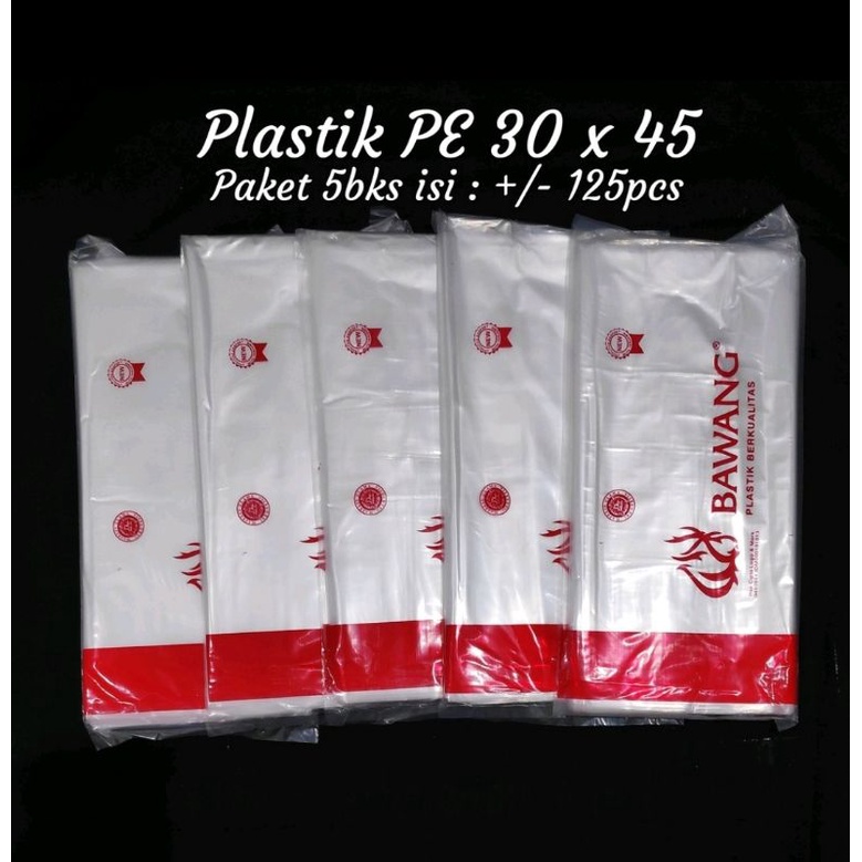 Jual Plastik PE Bawang (isi 5 Bks) Ukuran : 10x20 (¼Kg), 12x25 (½Kg), 15x30 (1Kg), 17x35 (1½Kg ...