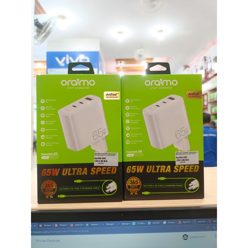 Jual Oraimo Charger Powergan 65W Type-C Cable OCW-E103T+CC55- White ...