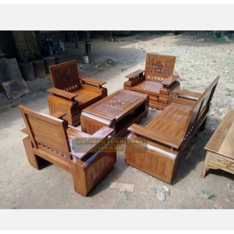 Jual meja kursi tamu kayu jati ukir Jepara model terbaru | Shopee Indonesia