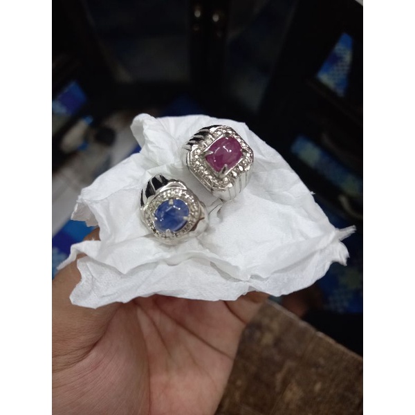 Jual cincin batu permata 2 pcs alpaka mata utama blue safir merah rubby ...