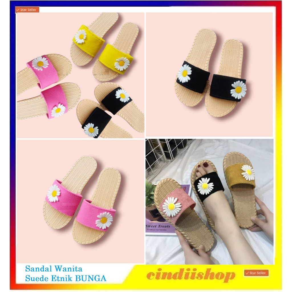 Jual Sandal Wanita Suede Etnik Model Bunga Daisy Matahari Motif Anyam ...