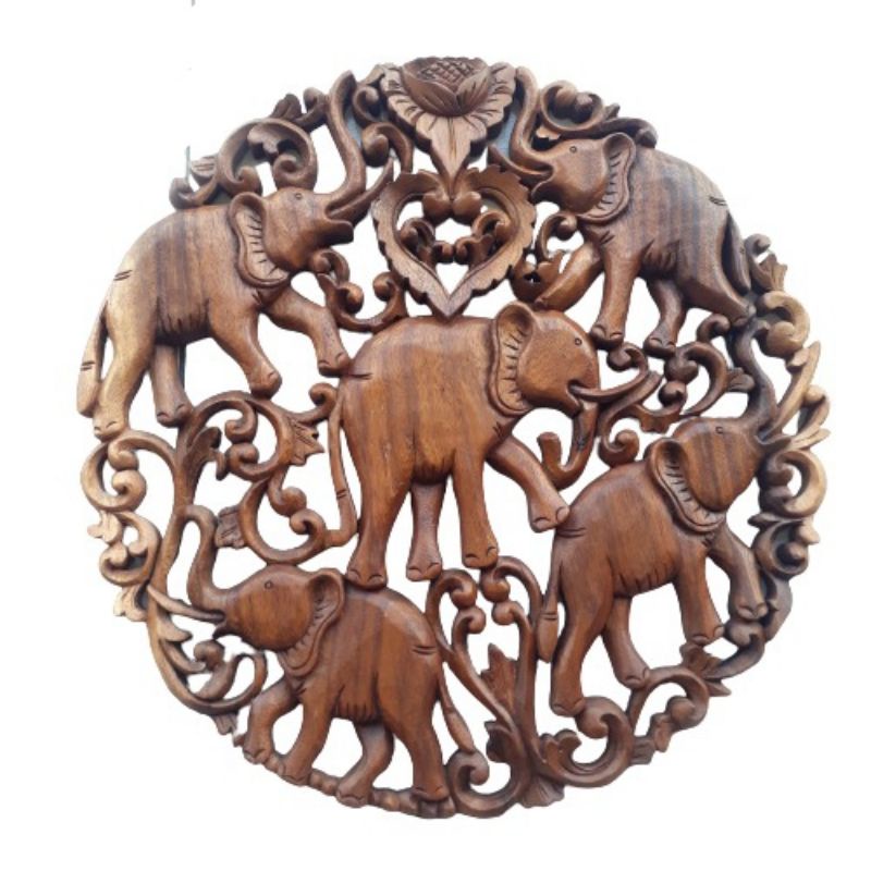 Jual Hiasan dinding kayu ukiran Bali motif gajah diameter 40cm Wall ...