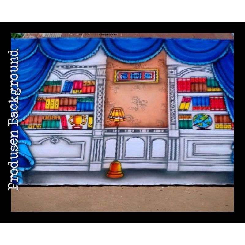 Jual Background Foto Wisuda 3x6m Rak Buku Putih Tirai Biru Studio Photo ...