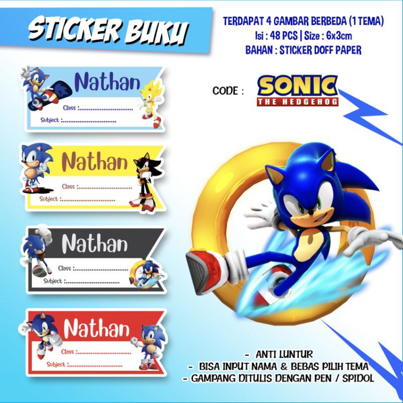 Jual Sticker / Stiker Buku Custom Nama Karakter Tema SONIC THE HEDGEHOG ...