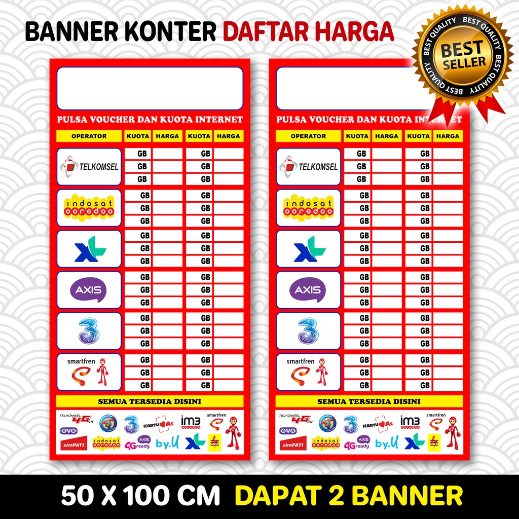 Jual BANNER KONTER PULSA KUOTA DAFTAR HARGA UKURAN 50X100 CM PAKET 2 BANNER | Shopee Indonesia