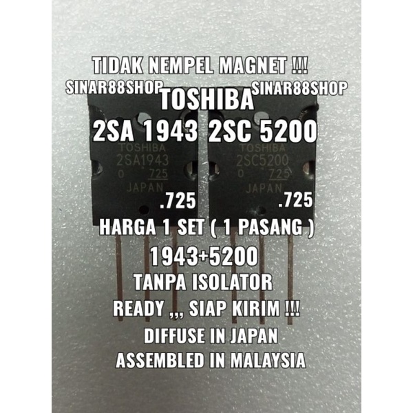 Jual TR TRANSISTOR FINAL TOSHIBA 2SA1943 2SC5200 ORIGINAL 2SA 1943 2SC 5200 A 1943 C 5200 MURAH ...