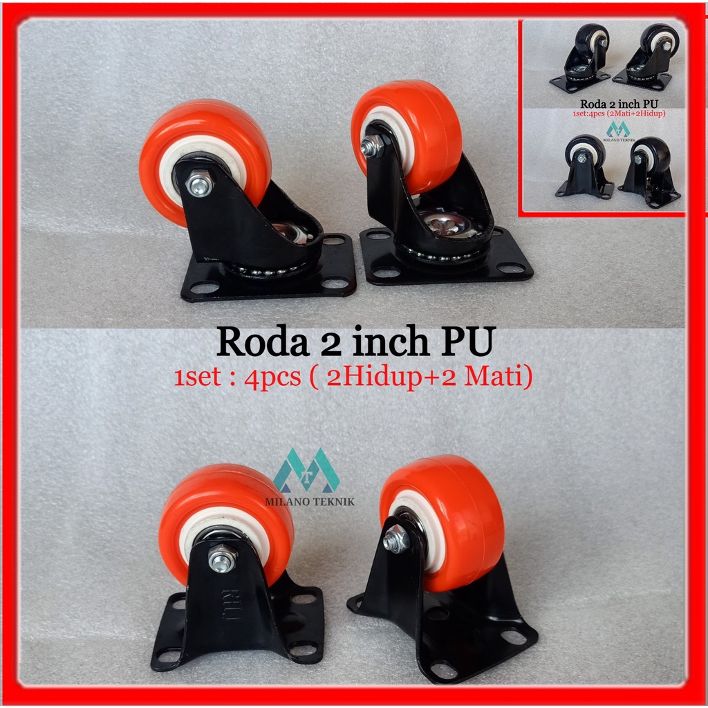 Jual Roda 2 inch PU+Bearing 1set:4pcs(2M+2H) caster Troli Rubber Karet ...