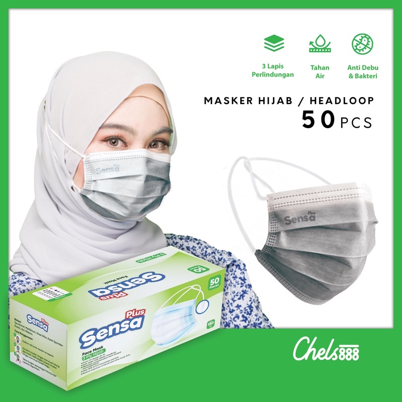 Jual Masker SENSA PLUS hijab headloop 3ply isi 50 pcs | Shopee Indonesia
