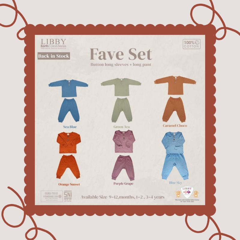 Jual LIBBY EARTH FAVE SET COLORS SERIES PANJANG 9-12M, 1-2 Y 3-4 Y ... Jual LIBBY EARTH FAVE SET COLORS SERIES PANJANG 9-12M, 1-2 Y 3-4 Y ...