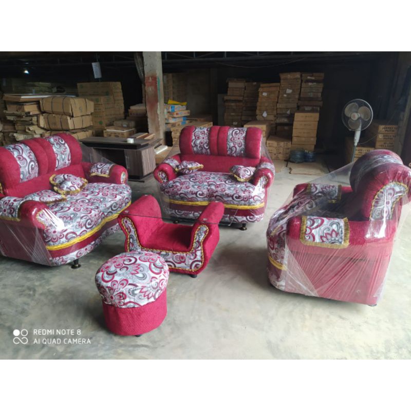 Jual sofa panda 221 + meja kaca + puff bahan kain | Shopee Indonesia
