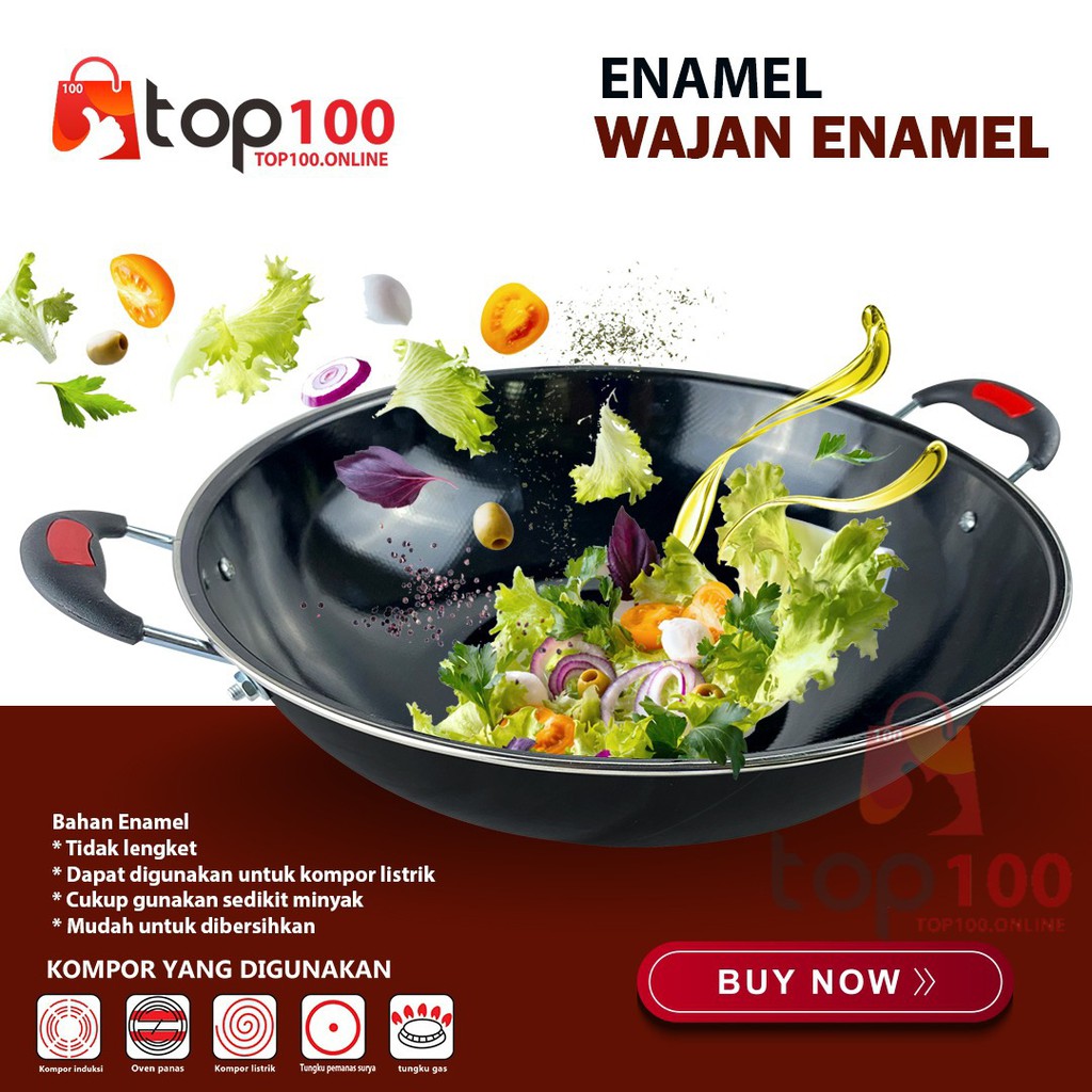 Jual Wajan Hitam Enamel Kuali Penggorengan Wok Pan Anti Lengket 30CM 32CM 34CM 36CM | Shopee ...