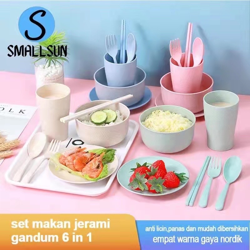 Jual Mangkok Set Makan Gandum 6 in 1 Piring Gelas Mangkok Sendok Sumpit ...