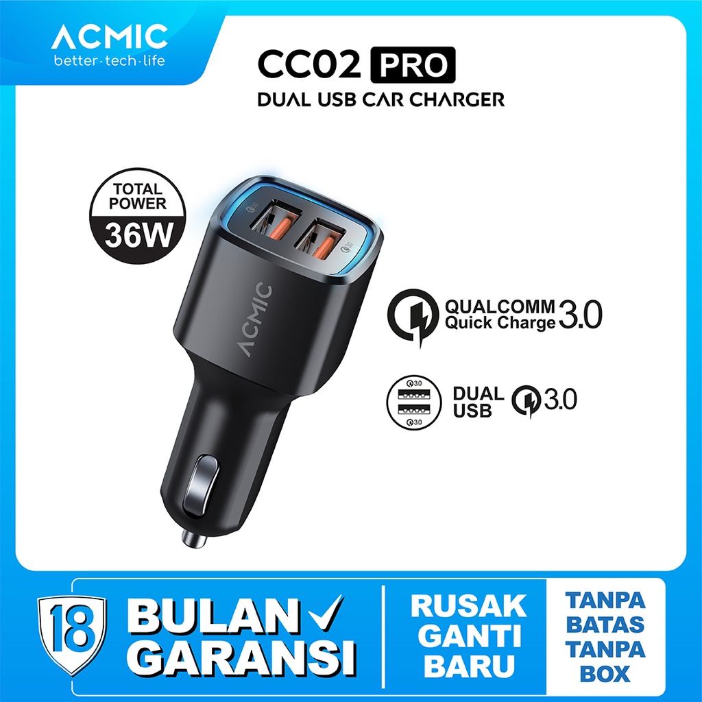 Jual ACMIC CC02PRO Dual USB 36 Watt Car Charger Fast Charging | Shopee ...