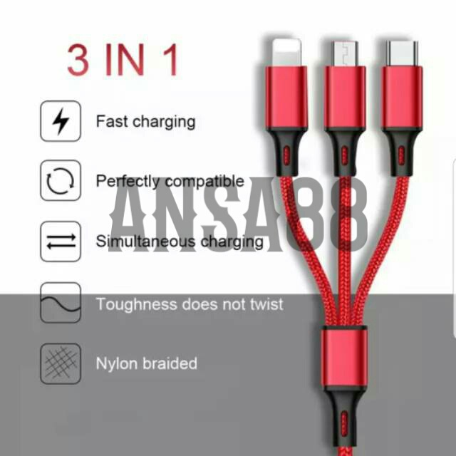 Jual kabel casan 3in1 setara fast charging 2A kabel powerbank 3in1 ...