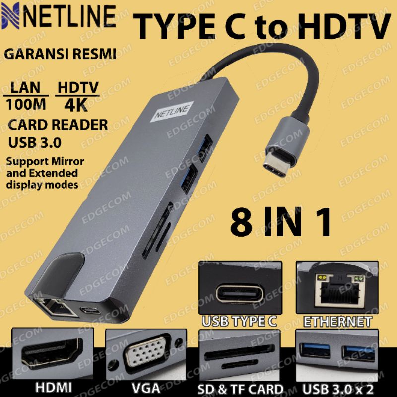 Jual NETLINE USB 3.1 TYPE C 8in1 to HDMI 4K VGA Card Reader USB C PD ...