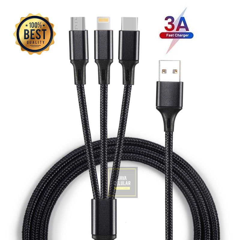 Jual Kabel Charger 3 in 1 Micro USB Type C Lighning 3A Fast Charging 1.2M Nylon Braided Cable ...