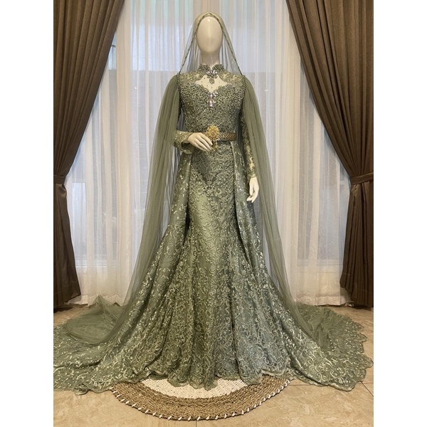 Jual GAUN PENGANTIN SLIM DUYUNG SAGE GREEN | Shopee Indonesia
