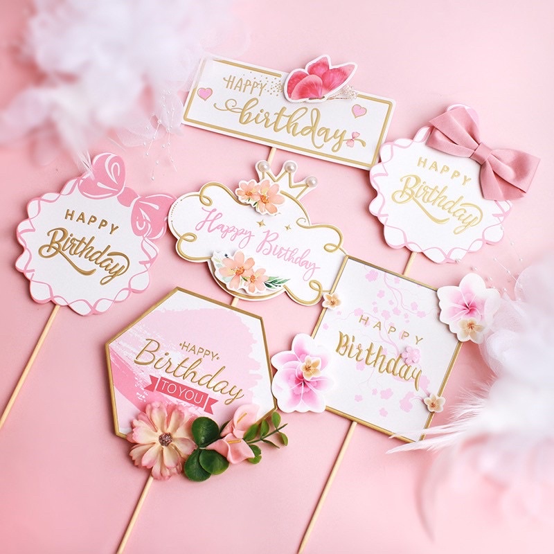Jual White-Pink Theme Happy Birthday Cake Topper/Hiasan Dekorasi Kue ...