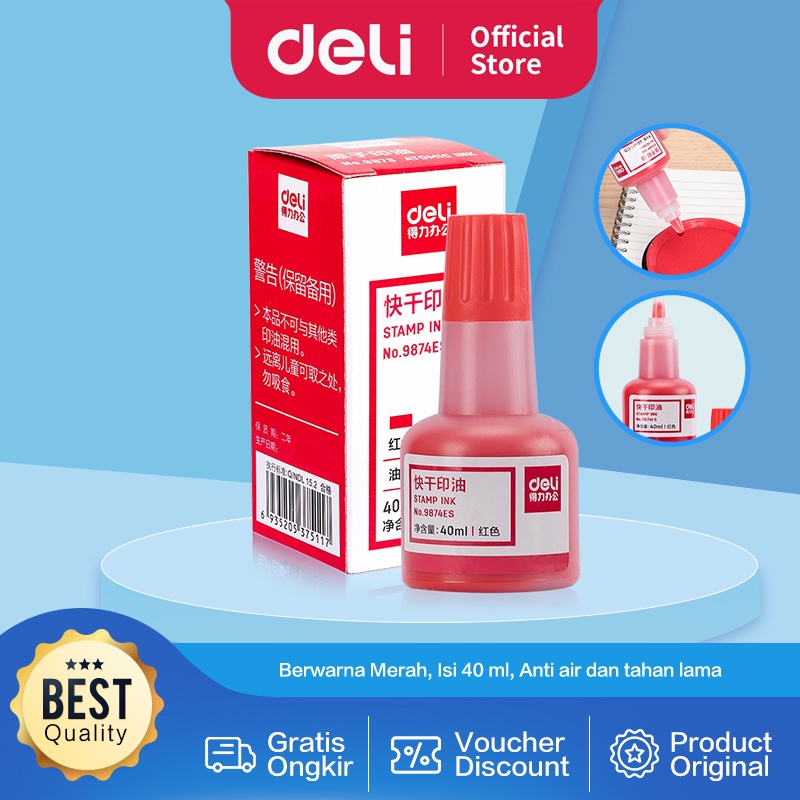 Jual Deli Red Stamp Ink / Tinta Stempel Merah 40ml Anti Air 9874 ...