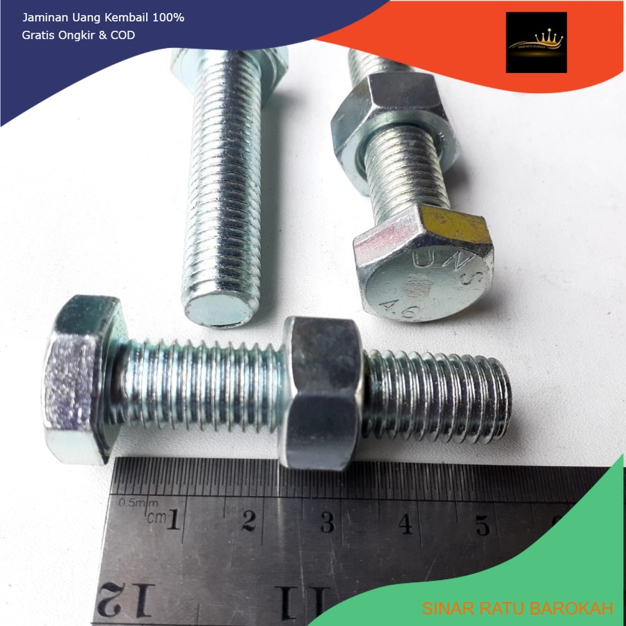 Jual BAUT MUR PUTIH M12 X 50 PANJANG 5CM 5 CM GALVANIZ GALVANIS GALPANIS / BMP M12X50 / BAUT ...