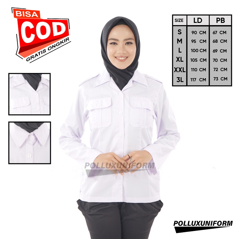 Jual KEMEJA PDH PUTIH WANITA LENGAN PANJANG MODEL KERAH BLAZER DAN ...