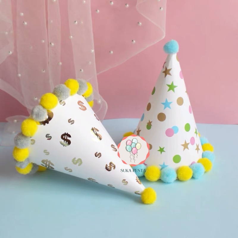 Jual TOPI ULTAH KERUCUT POMPOM MIX MOTIF / TOPI ULANG TAHUN / TOPI ...