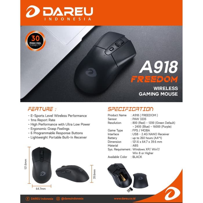 Jual WIRELESS MOUSE GAMING DAREU A-918 FREEDOM PixArt 3335 Sensor 2.4 ...