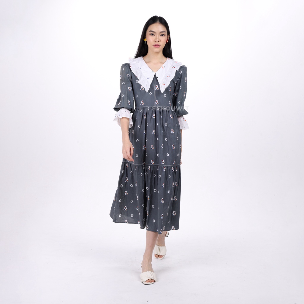 Jual MARIGOLD Batik Jumputan Tiered Midi Dress Sèkouwit In Grey ...