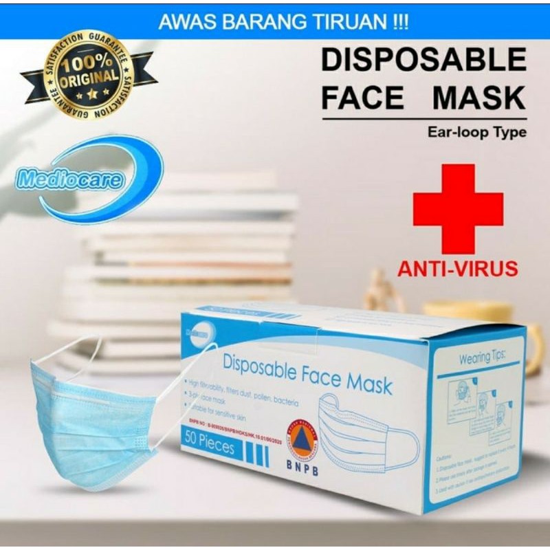 Jual Masker Medis 3 ply Earloop isi 50 pieces Face Mask disposible ...