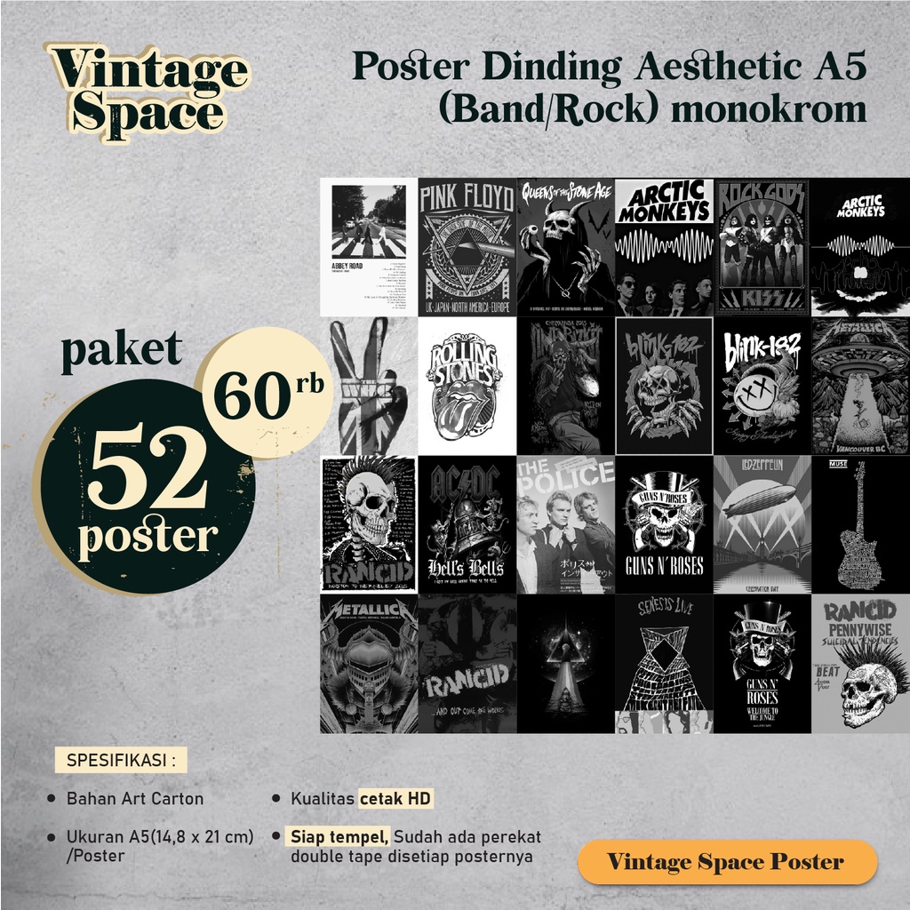 Jual Poster rock monokrom A5 Paket 52 pc / poster dinding aesthetic ...
