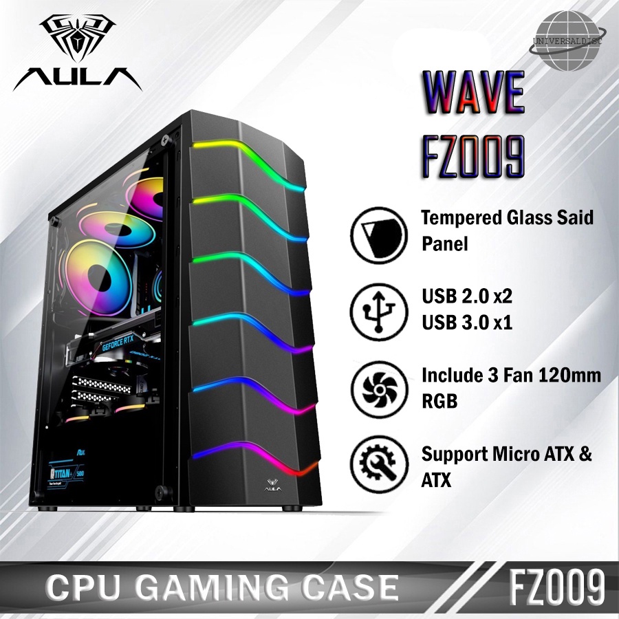 Jual Casing CPU PC Gaming AULA FZ009 Wave Micro ATX/ATX + 3 Fan RGB ...