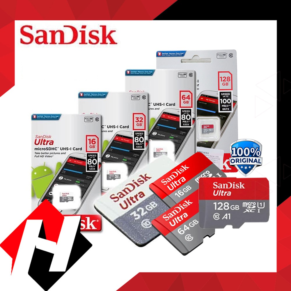 Jual Memori HP - Camera / Micro SD Sandisk /Memori 16GB 32GB 64GB 128GB Class 10 80 / 100Mbps ...