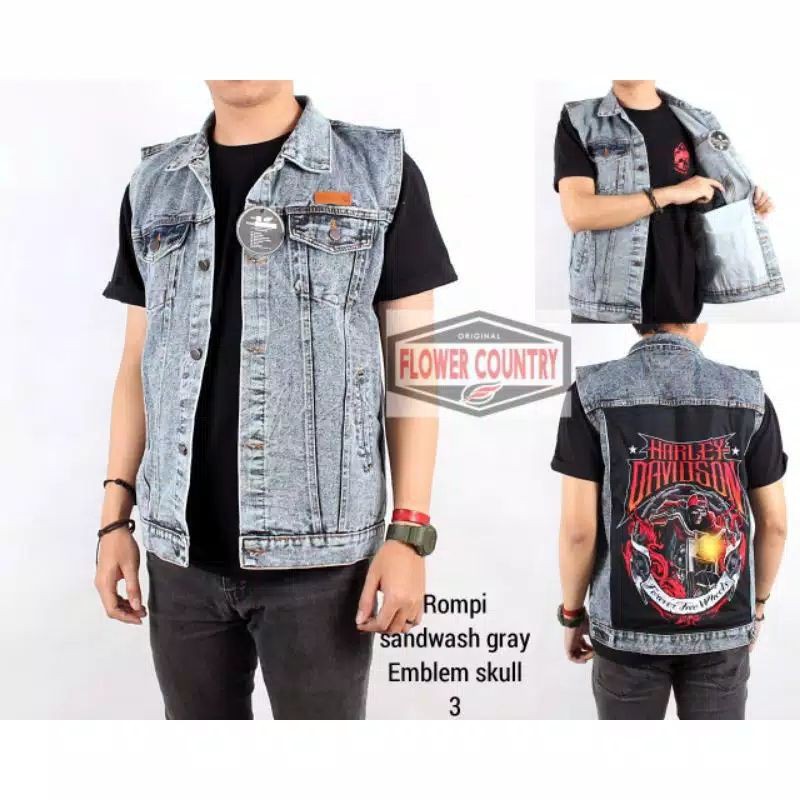 Jual Jaket Rompi Jeans Sandwash Emblem - Jaket Motor Club - Jeans ...