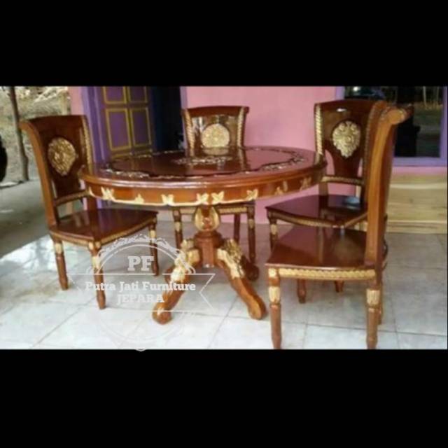 Jual Meja makan bundar kayu jati kursi 4 ukir Jepara | Shopee Indonesia