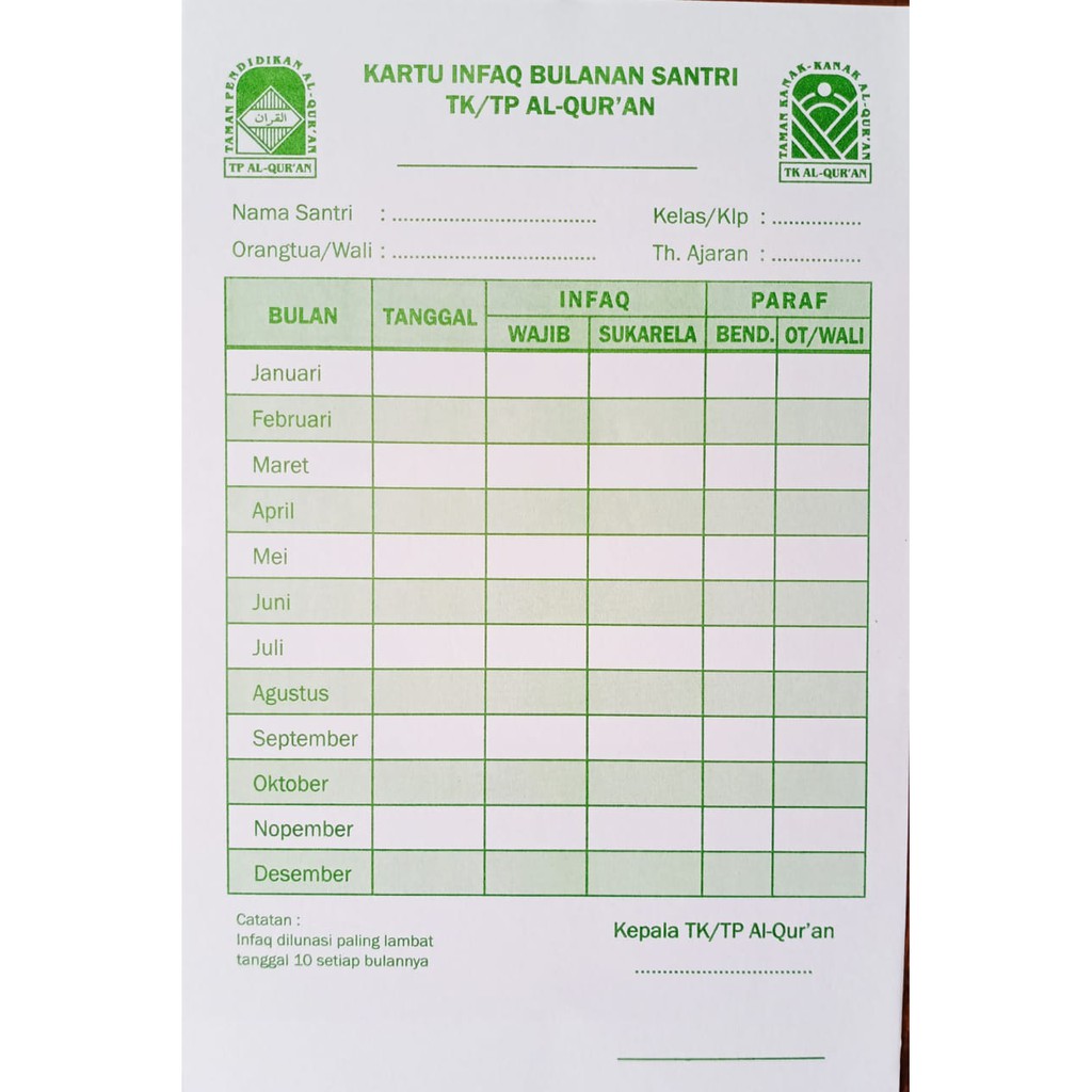 Jual Kartu Infaq Bulanan Santri TKA TPA Warna (Isi 20 Lembar) | Shopee ...