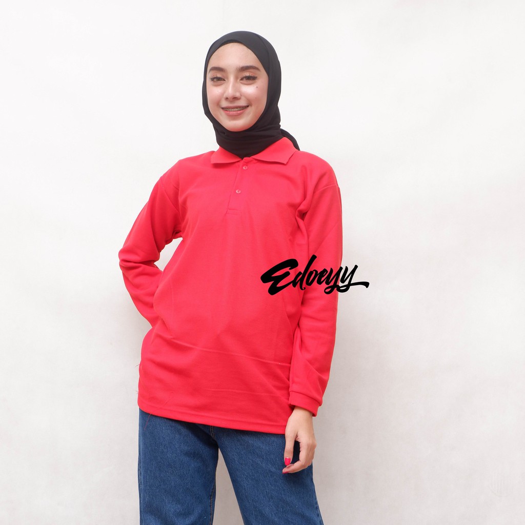 Jual Kaos Polo Shirt Wanita Lengan Panjang MERAH TERANG - Baju Kerah ...