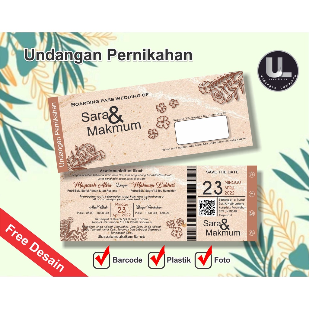 Jual Undangan Nikah Tiket 1 Lembar timbal balik L_4 | Shopee Indonesia