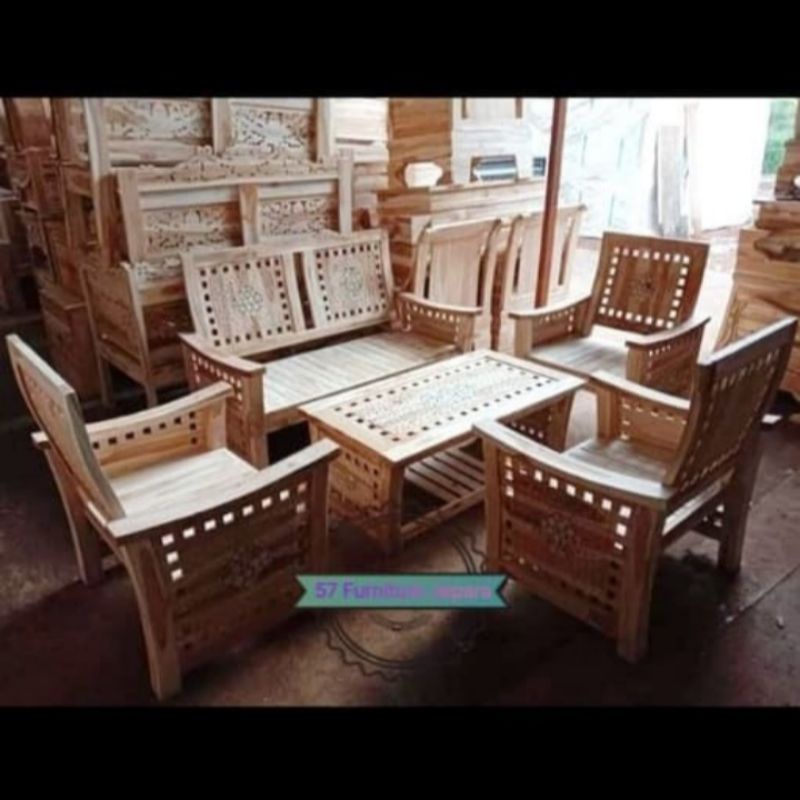 Jual 1 set meja & kursi tamu ukir jepara kayu jati mentahan | Shopee ...