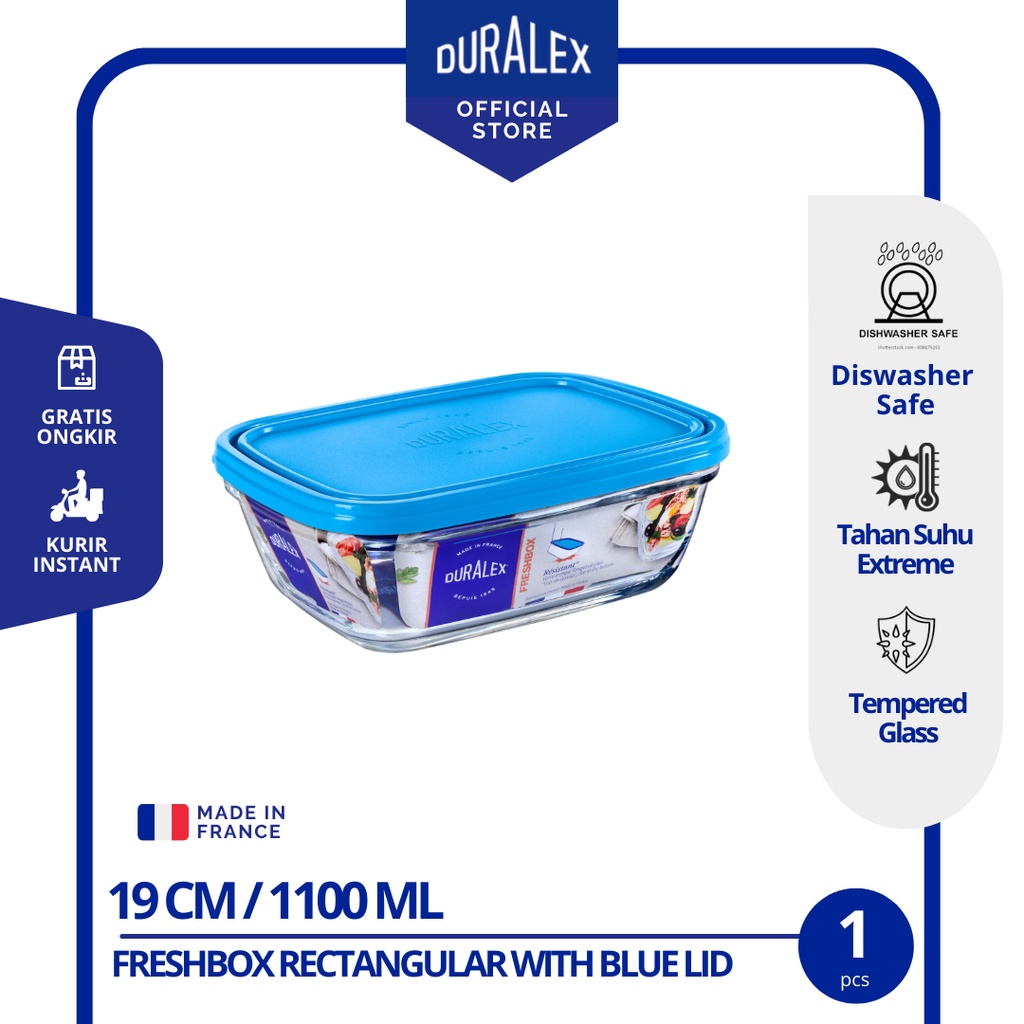 Jual Duralex Clear Freshbox Rectangular Bowl with Blue Lid 19 cm 1100 ...