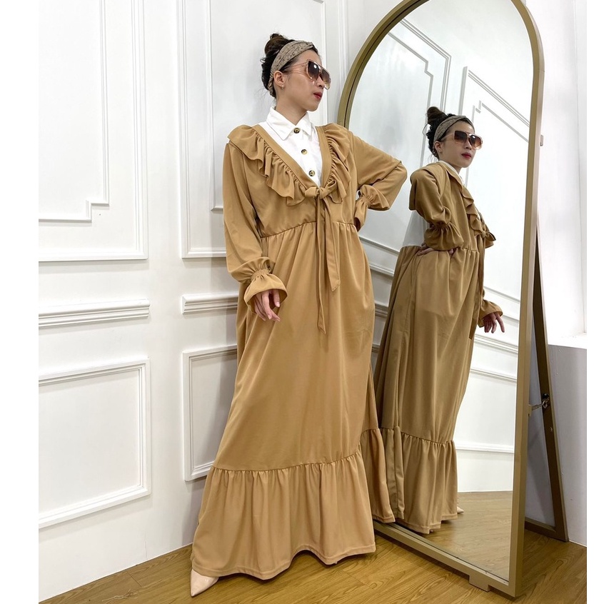 Jual Gamis busui model overal V shaped ruffle kerah kemeja pita leher ...
