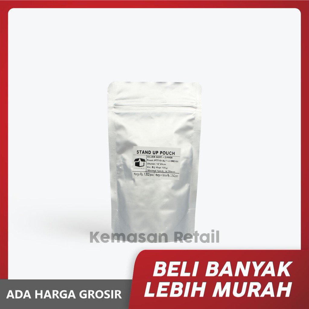 Jual Kemasan Standing Pouch Aluminium Silver Doff Zipper 12x20 250g ...