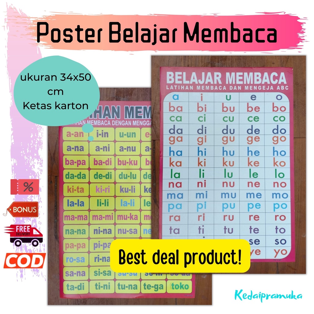 Jual Poster Belajar Membaca Anak Mengeja Suku Kata latihan Baca gambar ...