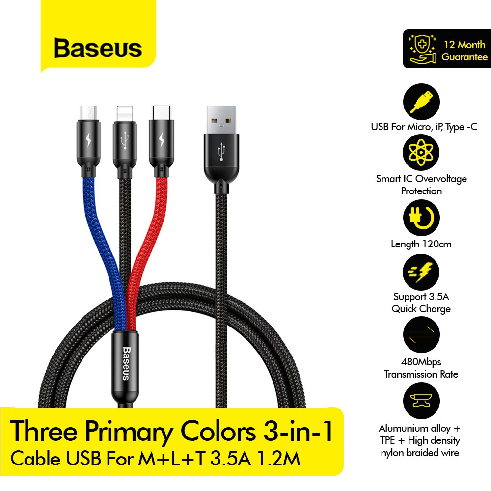 Jual BASEUS Three Primary Colors 3-in-1 Cable USB 3.5A 1.2M - camlt-bsy ...