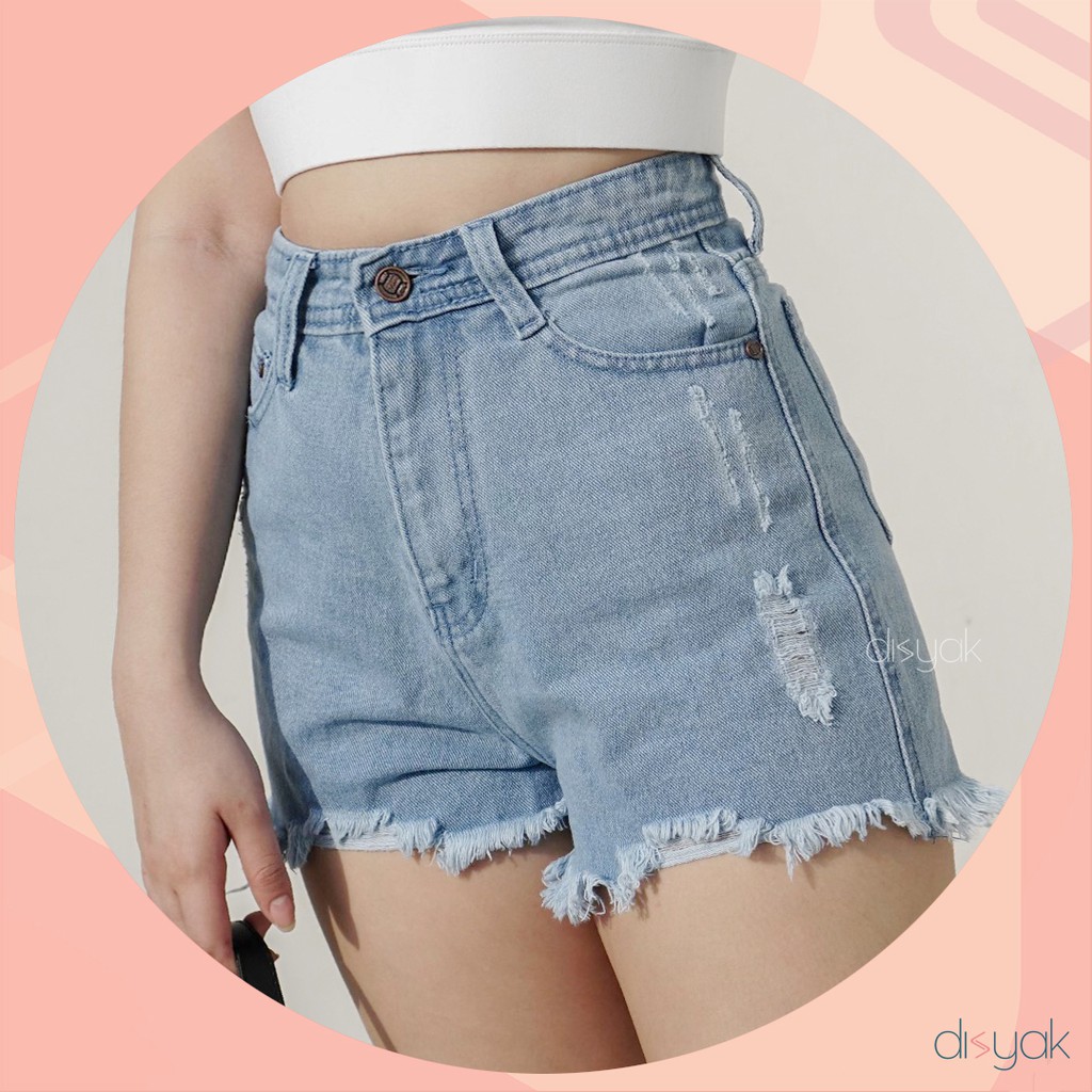 Jual DISYAK - Hotpants Jeans Celana Pendek Wanita Non Stretch Ripped 1032-2032 Light Blue ...