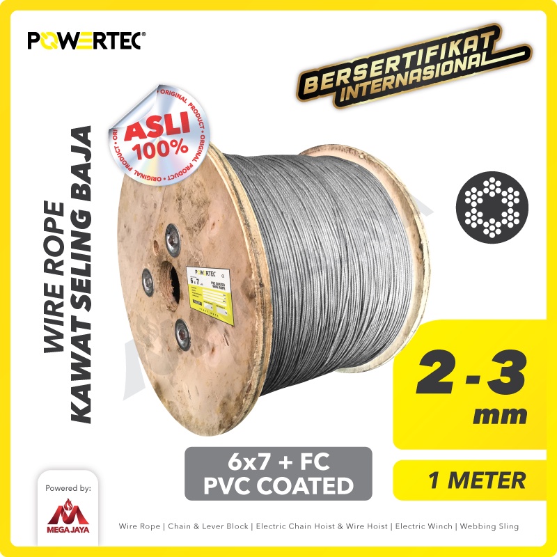 Jual POWERTEC Wire Rope / Kawat Seling Baja 6x7 FC PVC 2mm - 3mm - 1 Meter | Shopee Indonesia